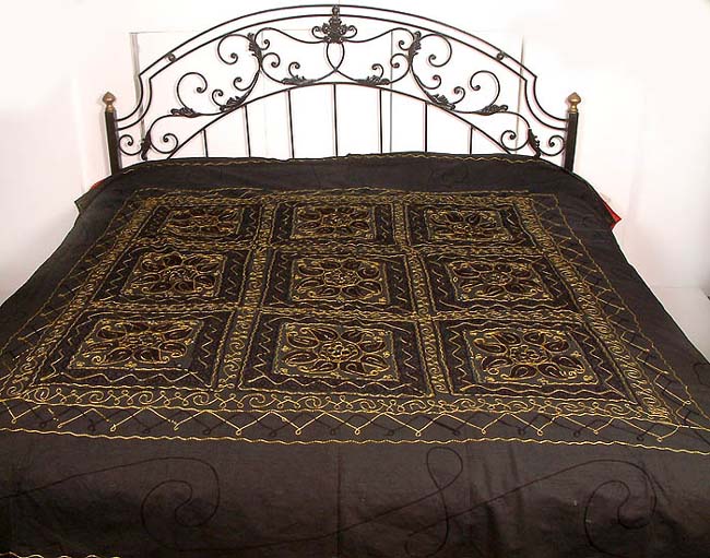 Black Gujarati Bedspread with Golden Thread Work | Exotic India Art