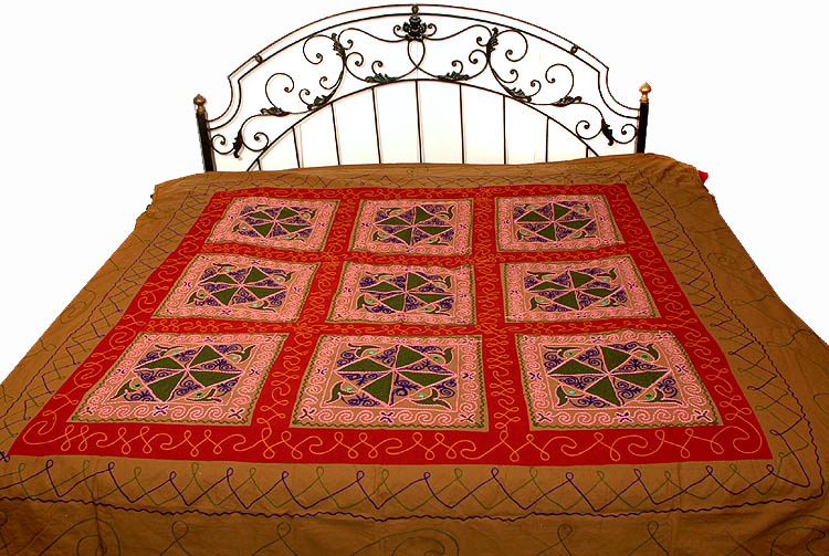 Copper Colored Gujarati Bedspread with Hand-Embroidery All-Over ...