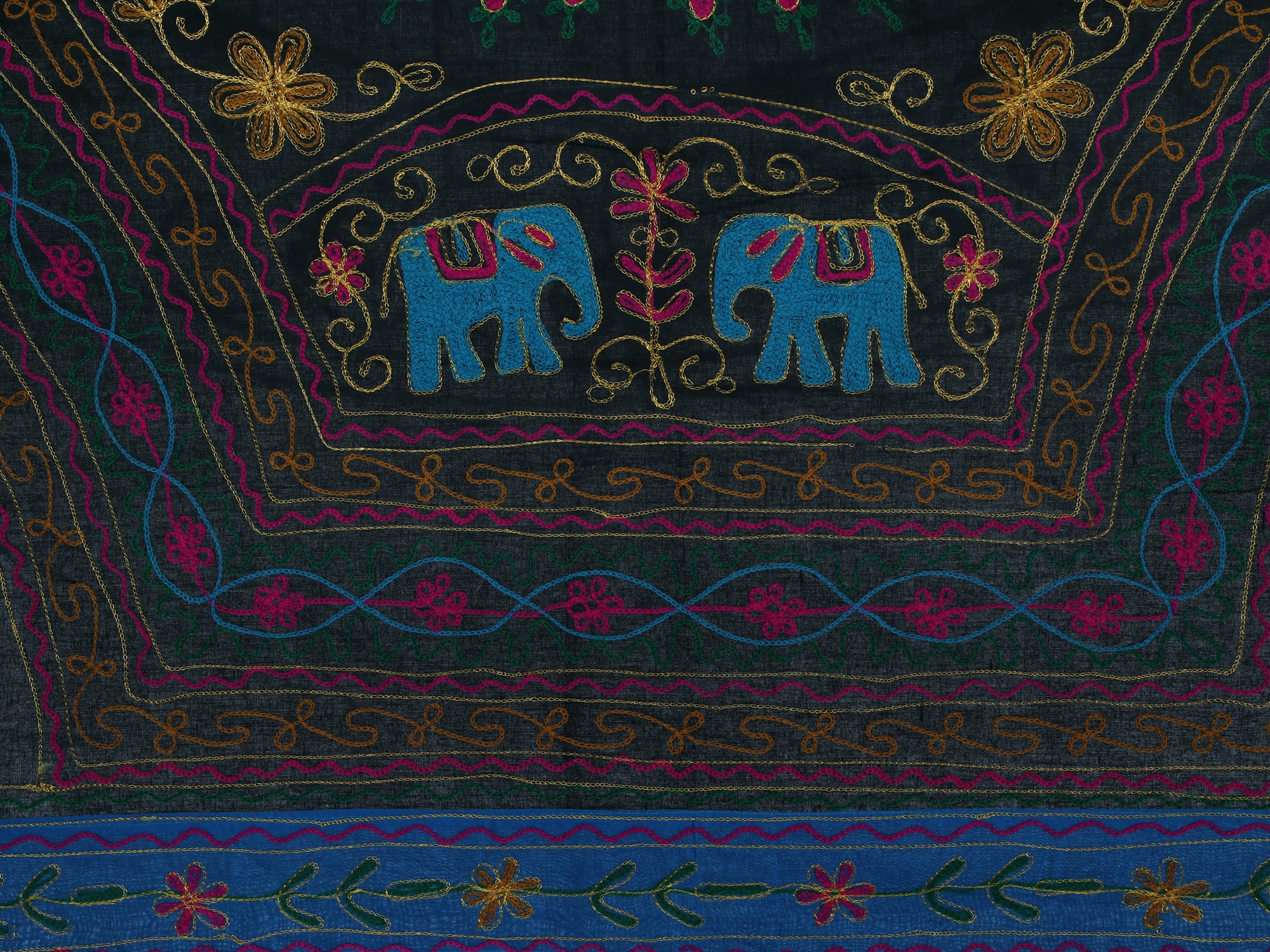 Gujarati Bedspread with Metallic Thread Embroidered Peacocks and Folk ...