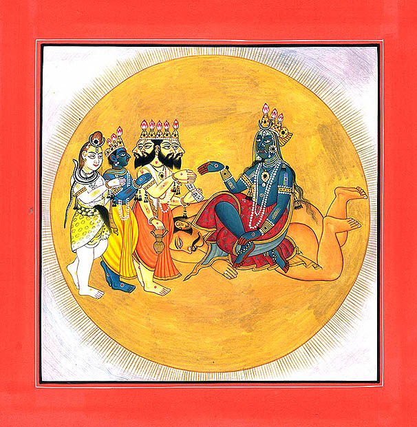 The Trinity Pays Homage to the Goddess Seated on a Corpse (Tantric Devi ...