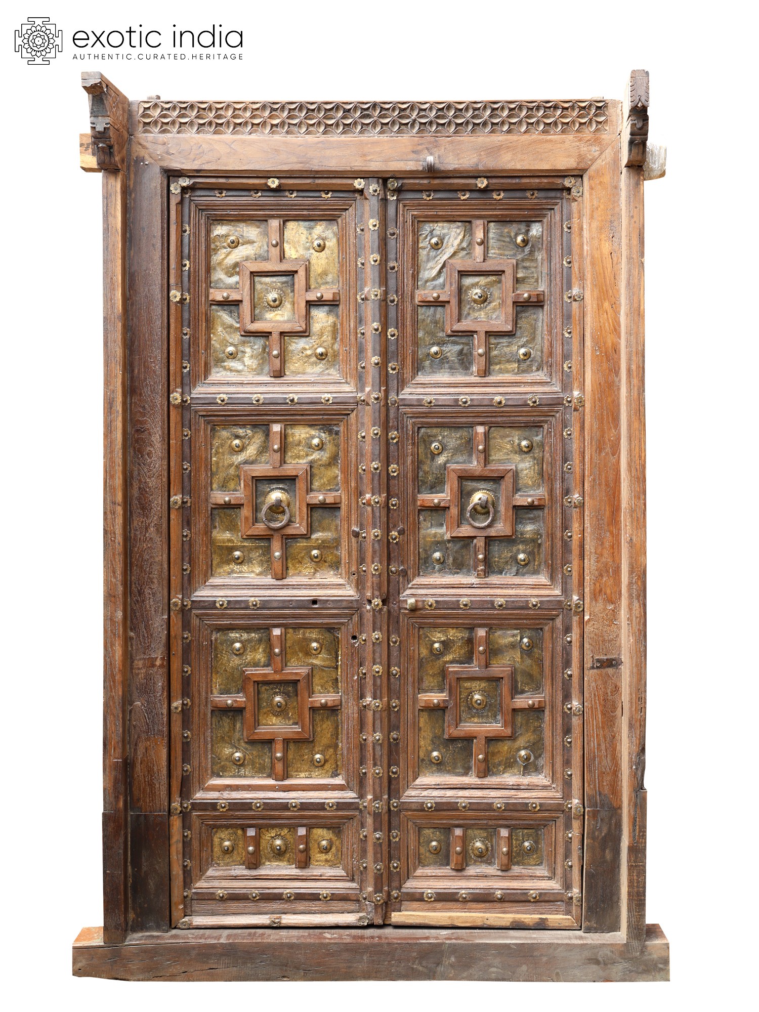 88" Large Vintage Double Door with Brass and Iron Work | Exotic India Art