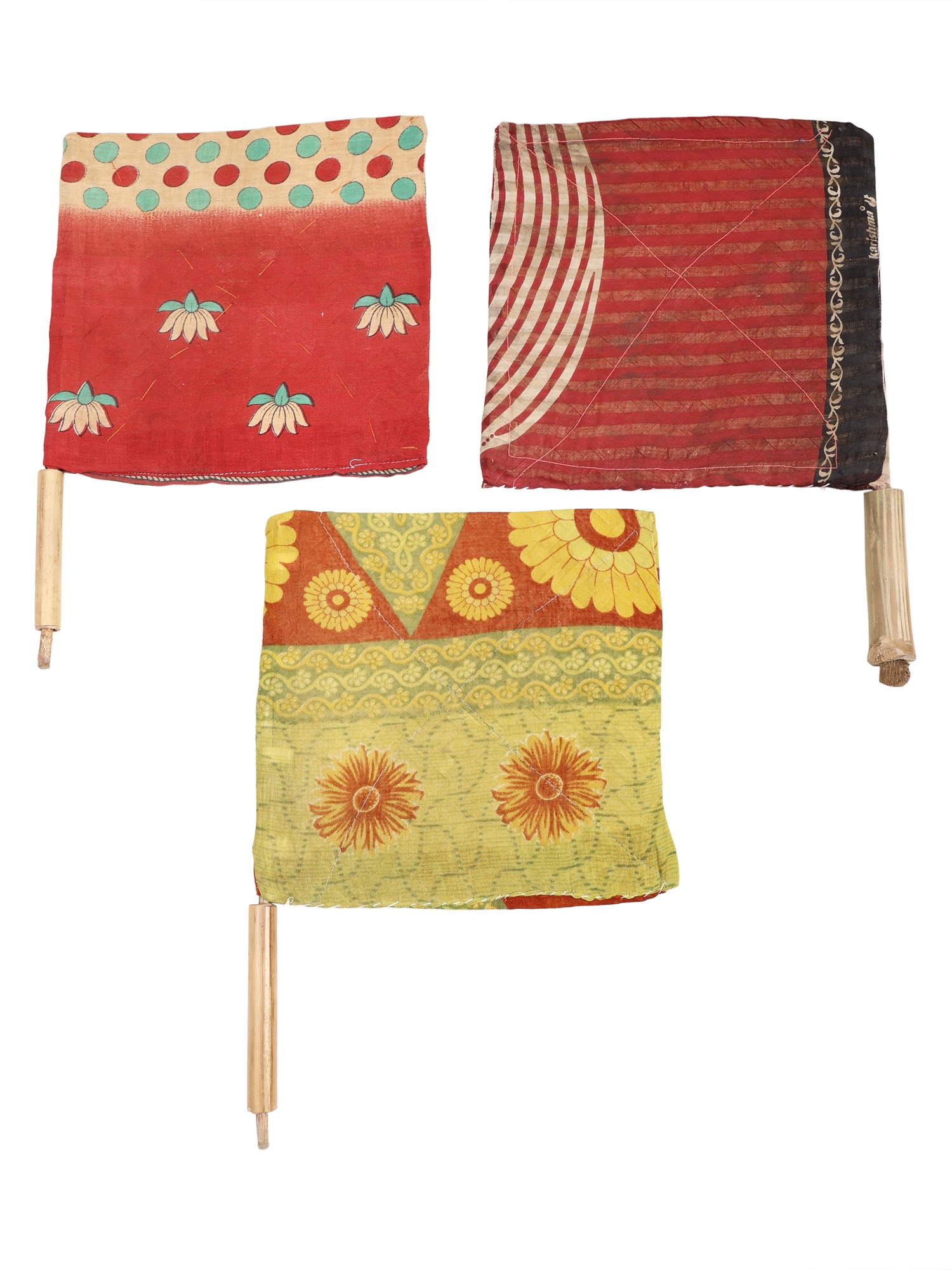 Set Of 3 - Handheld Fabric Covered Rotating Bamboo Fan / Hand-Crafted ...