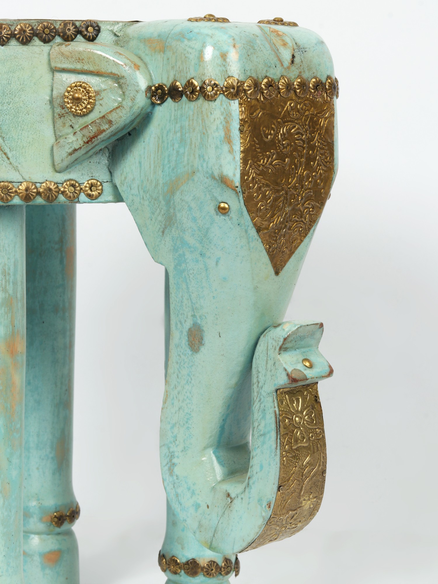 16" Wooden Sky Blue Elephant Design Stool / Table with Brass Work ...