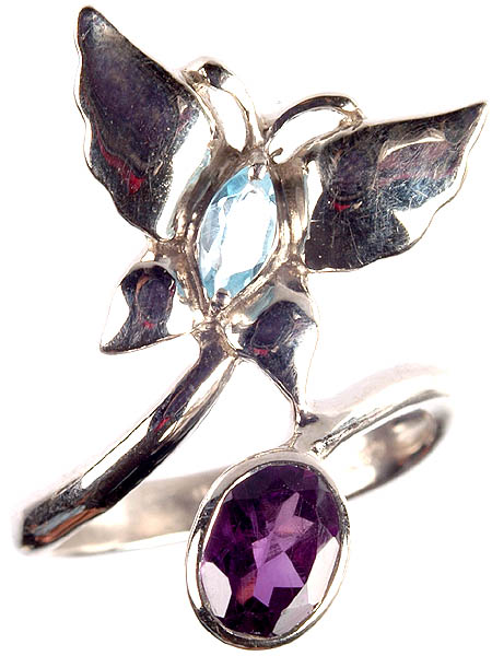 Butterfly Finger Ring with Faceted Blue Topaz and Amethyst | Exotic ...