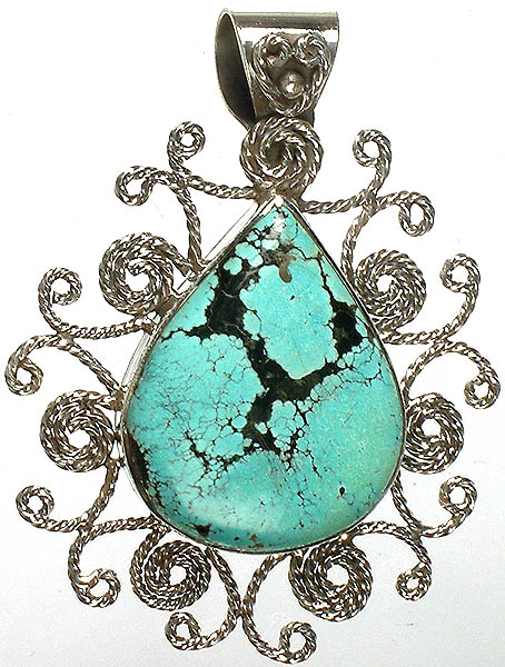 Designer Turquoise Pendant with Spider's Web | Exotic India Art