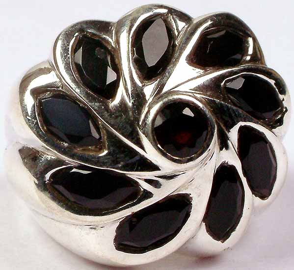 Faceted Black Onyx Flower Ring | Exotic India Art