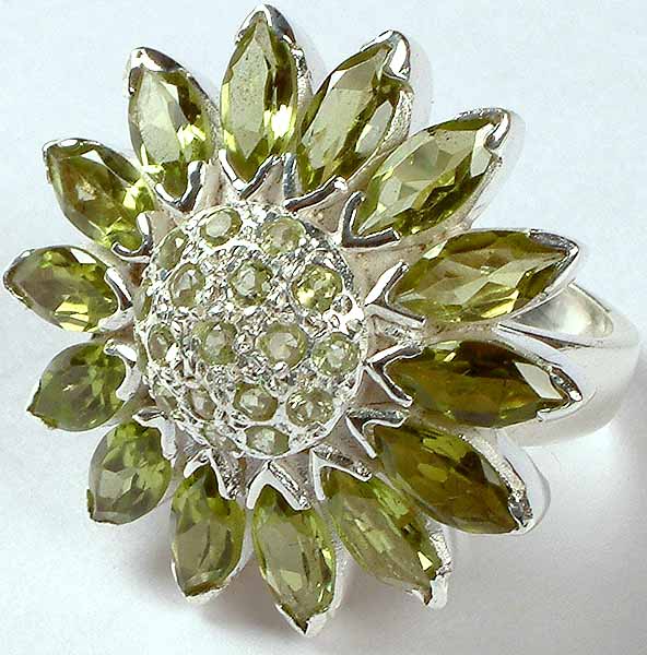 Faceted Peridot Sun Flower Ring | Exotic India Art