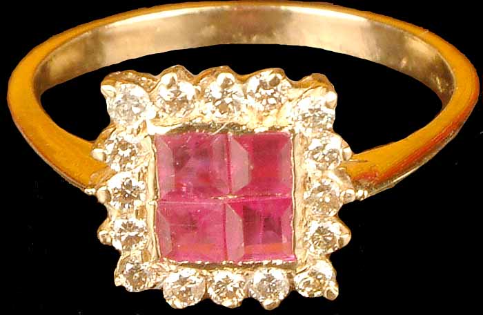Faceted Rectangular Ruby Ring with Diamond Border | Exotic India Art