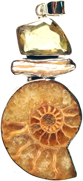 Fossil Pendant with Faceted Lemon Topaz and Pearl | Exotic India Art