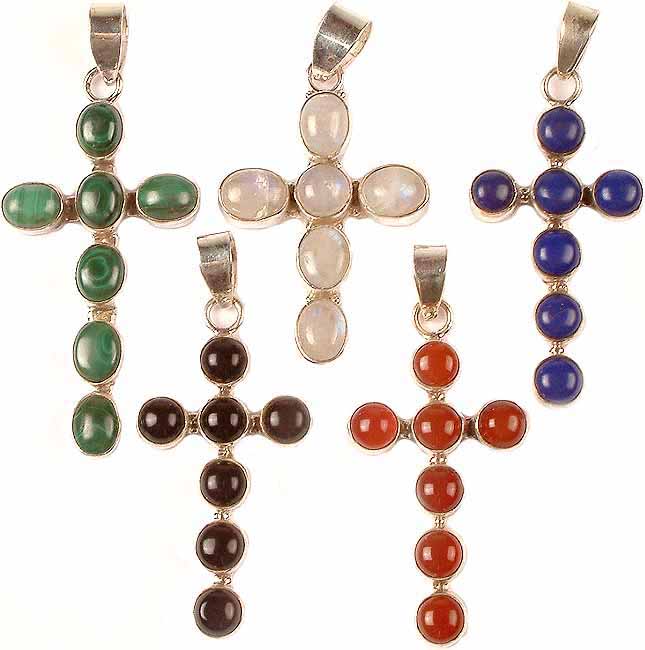 Lot of Five Gemstone Cross Pendants (Malachite, Rainbow Moonstone ...