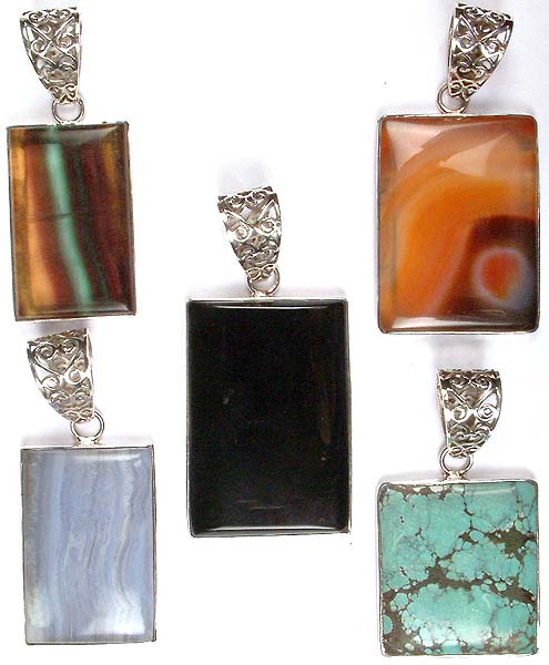 Lot of Five Gemstone Rectangular Pendants | Exotic India Art