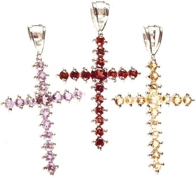 Lot of Three Faceted Gemstone Cross Pendants (Amethyst, Garnet and ...