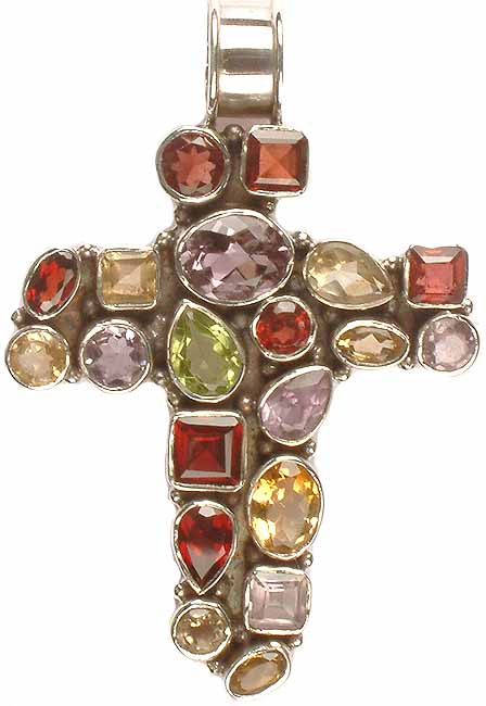 Multicolor Faceted Gemstone Cross Pendant | Exotic India Art