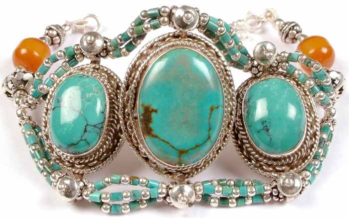 Turquoise and Amber Bracelet | Exotic India Art