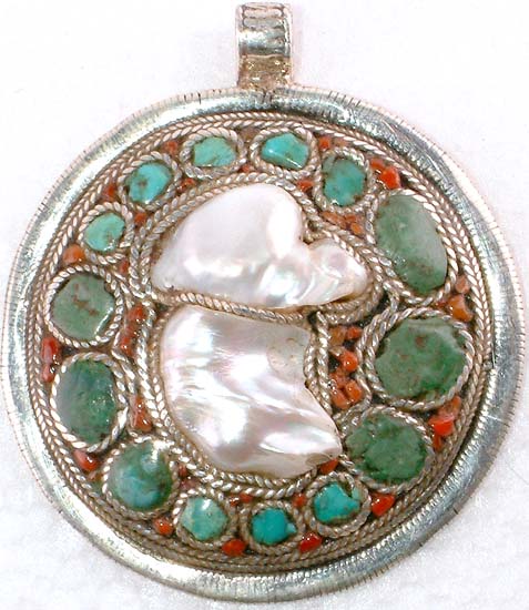 Coral Turquoise Inlay Pendant with Shell | Exotic India Art