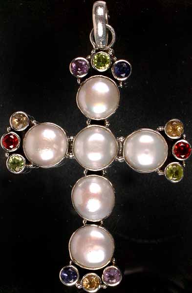 Pearl and Gemstone Cross | Exotic India Art