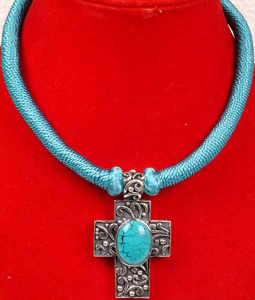 Turquoise Cross with Arabesque | Exotic India Art