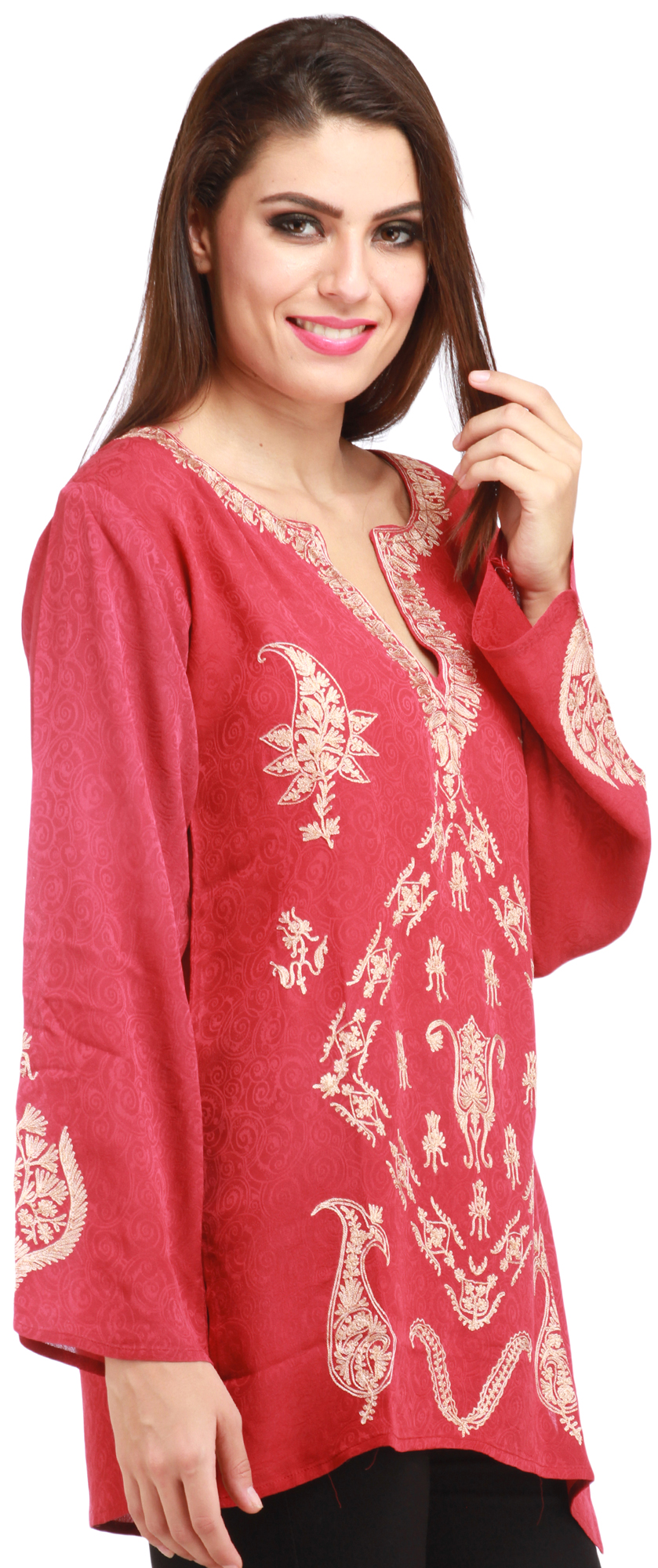 Raspberry-Wine Kurti from Kashmir with Self Weave and Aari Embroidery ...