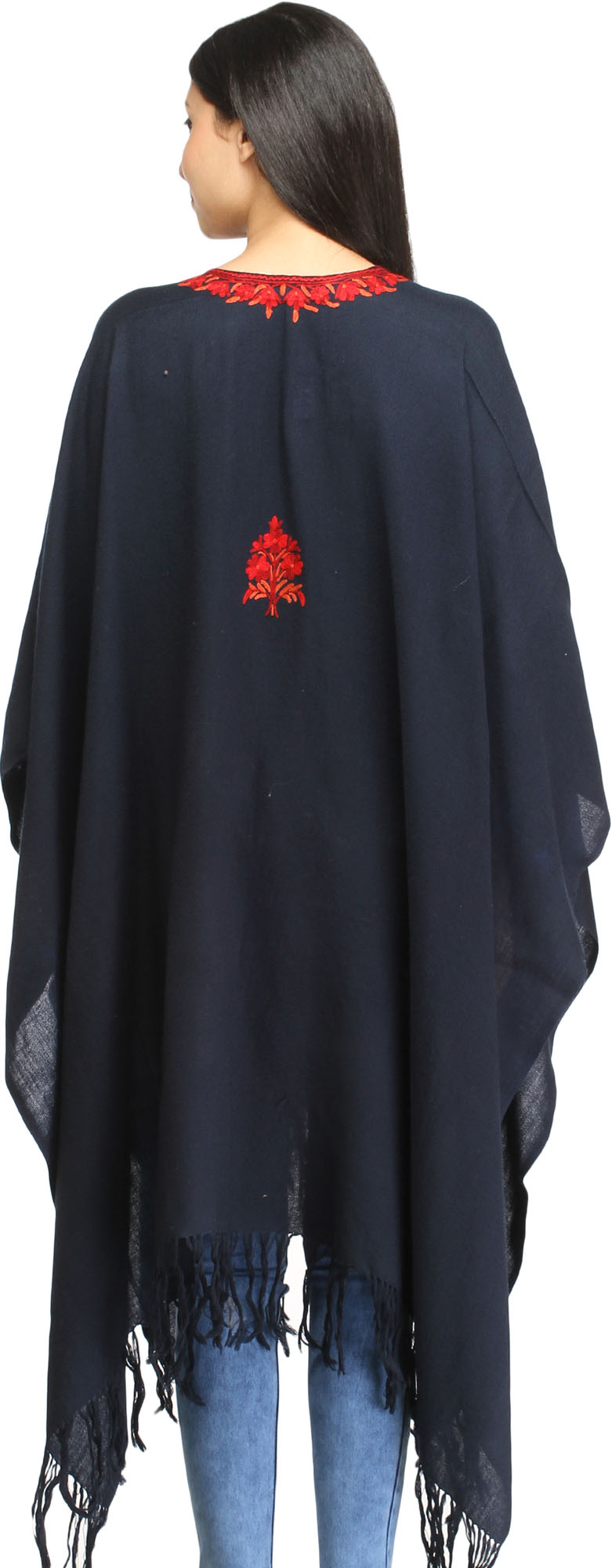Insignia-Blue Cape from Kashmir with Aari Floral-Embroidery in Red ...