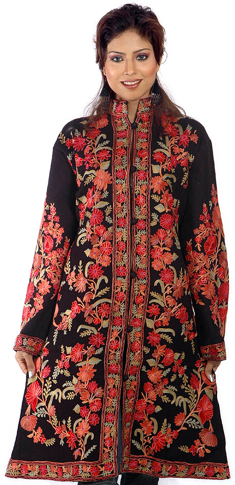 Black Long Jacket Densely Embroidered with Flowers | Exotic India Art