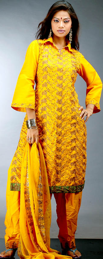 Amber Collared Suit with All-Over Floral Embroidery | Exotic India Art