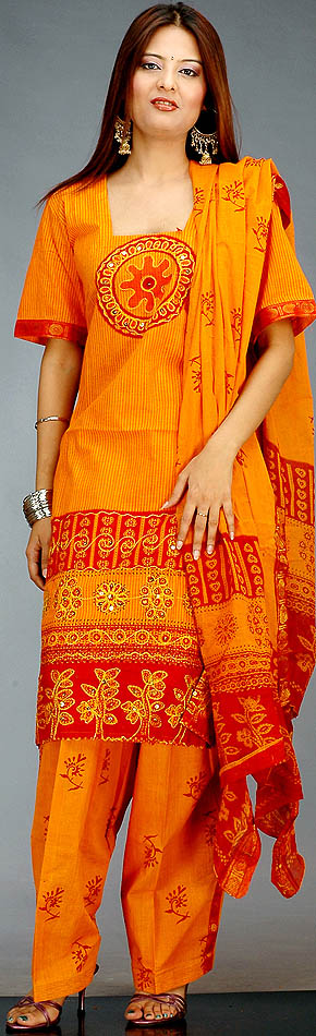 Amber Printed Sanganeri Suit with Threadwork | Exotic India Art