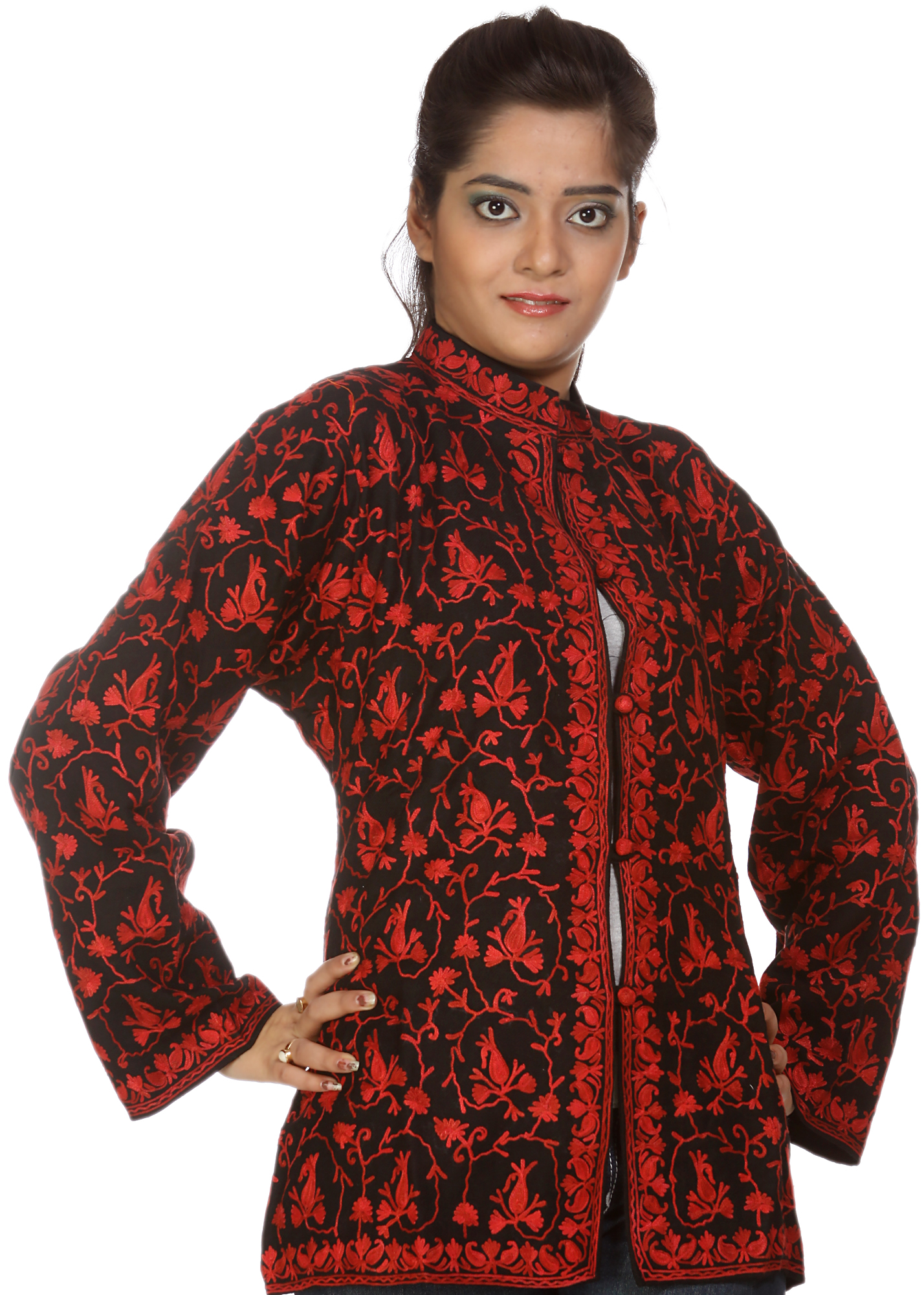 Black Kashmiri Jacket with Embroidered Paisleys in Red | Exotic India Art