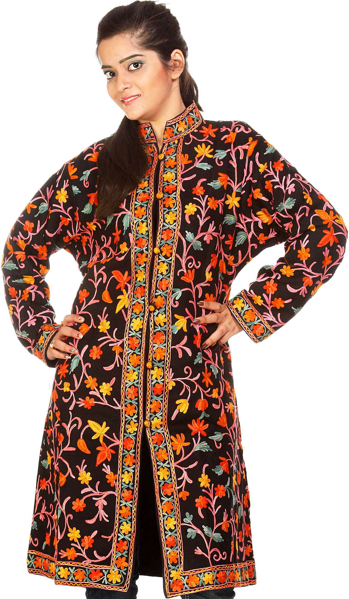 Black Long Kashmiri Jacket with All-Over Embroidered Flowers | Exotic ...