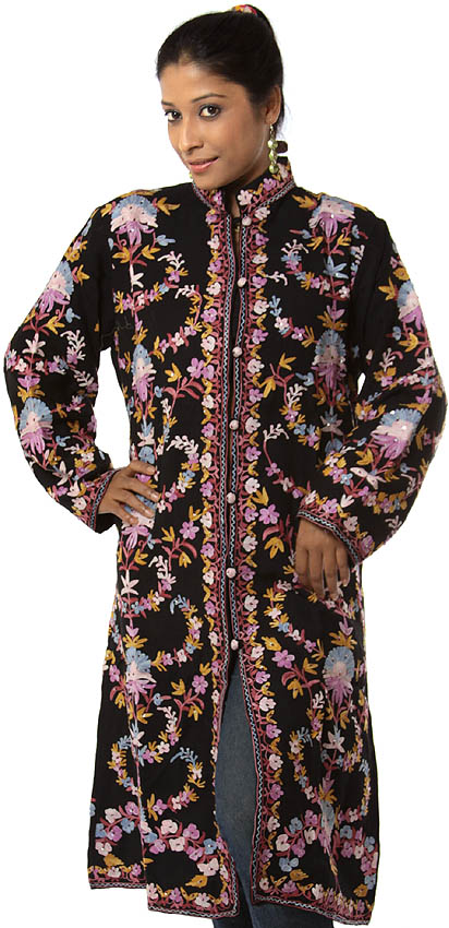 Black Long Kashmiri Jacket with All-Over Embroidery and Sequins ...