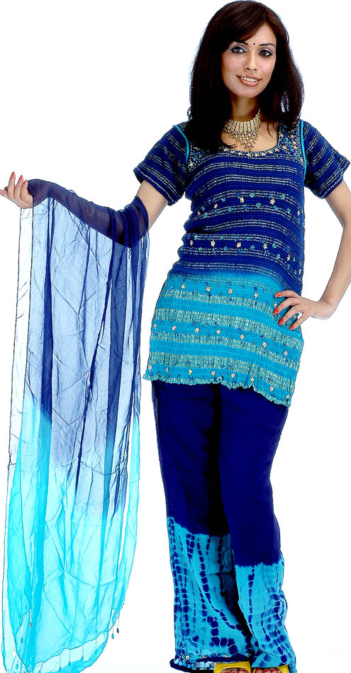 Blue Batik Dyed Parallel Suit with Floral Sequins | Exotic India Art