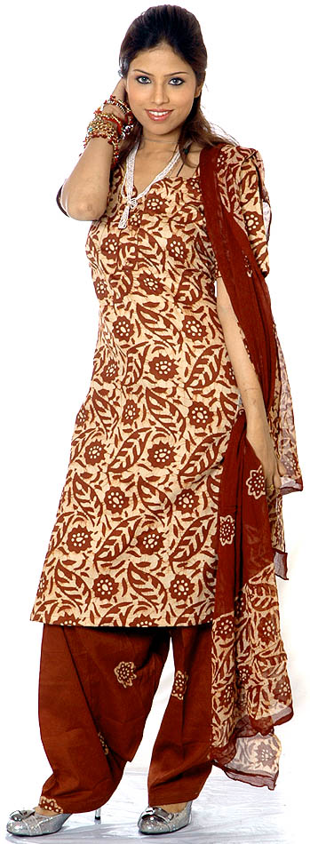 Brown Batik Suit with All-Over Print | Exotic India Art