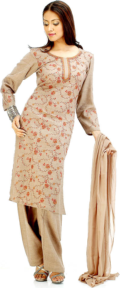 Camel Colored Pure Wool Suit with Jafreen Jaal Embroidery | Exotic ...