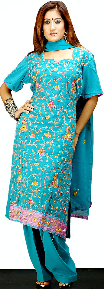 Cerulean Salwar Suit with All-Over Embroidery on Kameez | Exotic India Art