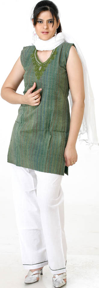 Green Stone-Wash Parallel Suit with Sequins | Exotic India Art