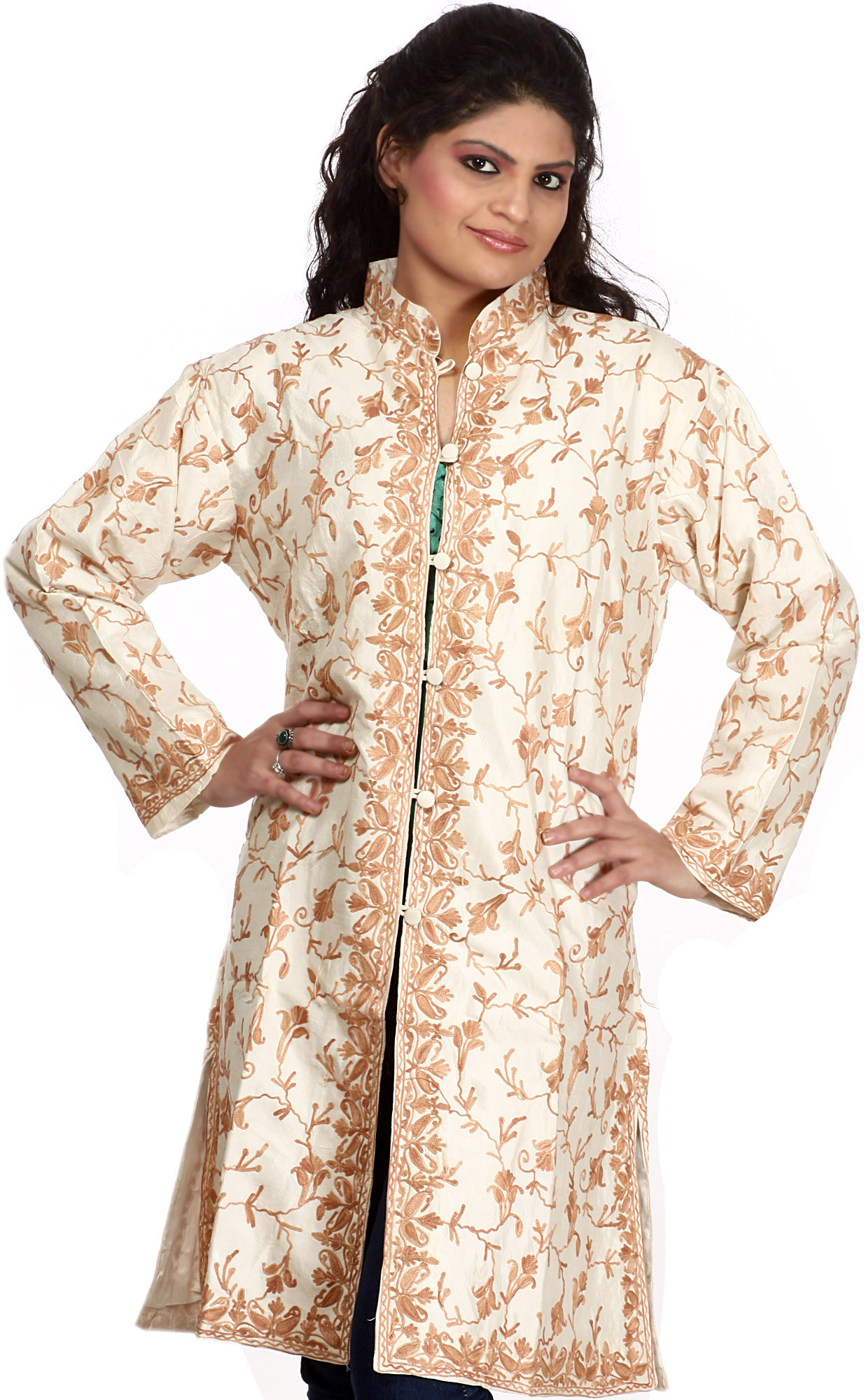 Ivory Long Kashmiri Jacket with Aari Embroidered Paisleys All-Over ...