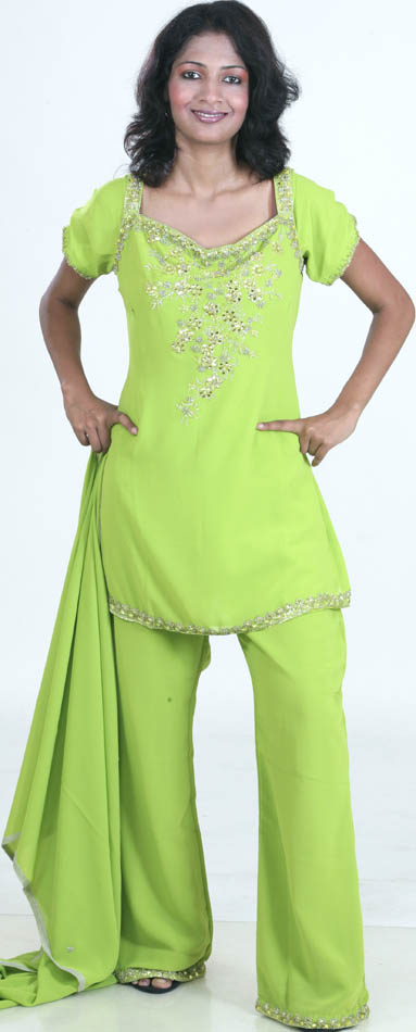 Lime Green Parallel Salwar Suit with Beadwork | Exotic India Art