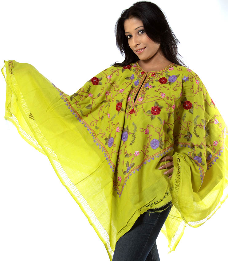Lime-Green Poncho with Floral Embroidery All-Over | Exotic India Art