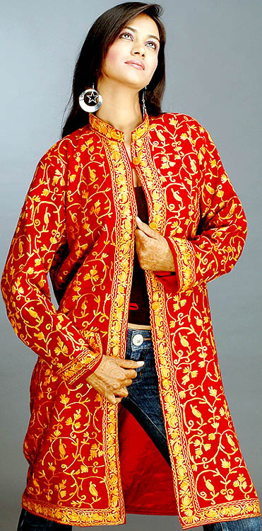 Long Kashmiri Jacket with All-Over Embroidery | Exotic India Art
