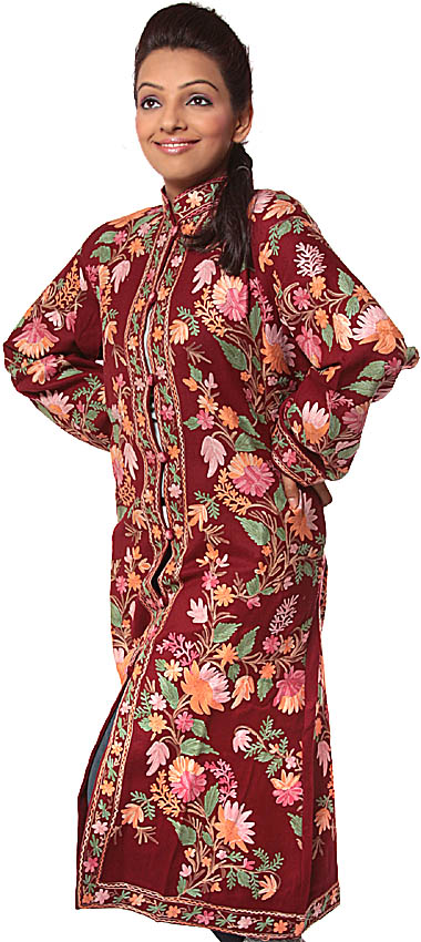 Maroon Long Jacket from Kashmir with Embroidered Flowers All-Over ...