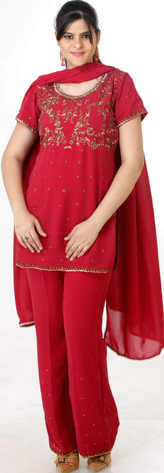 Maroon Parallel Suit with Antique Beadwork | Exotic India Art