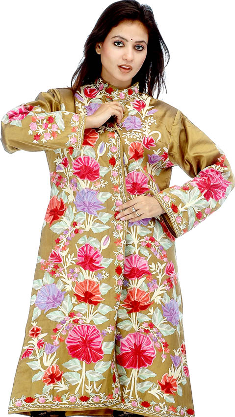 Metallic Gold Long Silk Jacket with Large Flowers | Exotic India Art