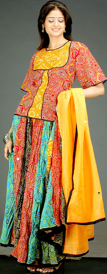 Multi-Color Ghagra Choli from Rajasthan with Mirrors and Chunri Print ...