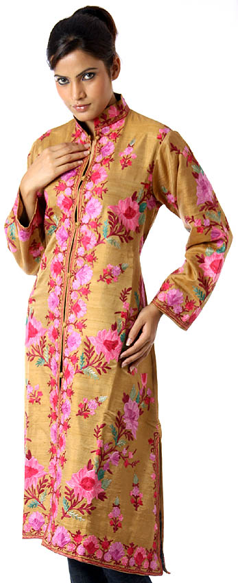 Old-Gold Long Silk Jacket with Pink Flowers | Exotic India Art
