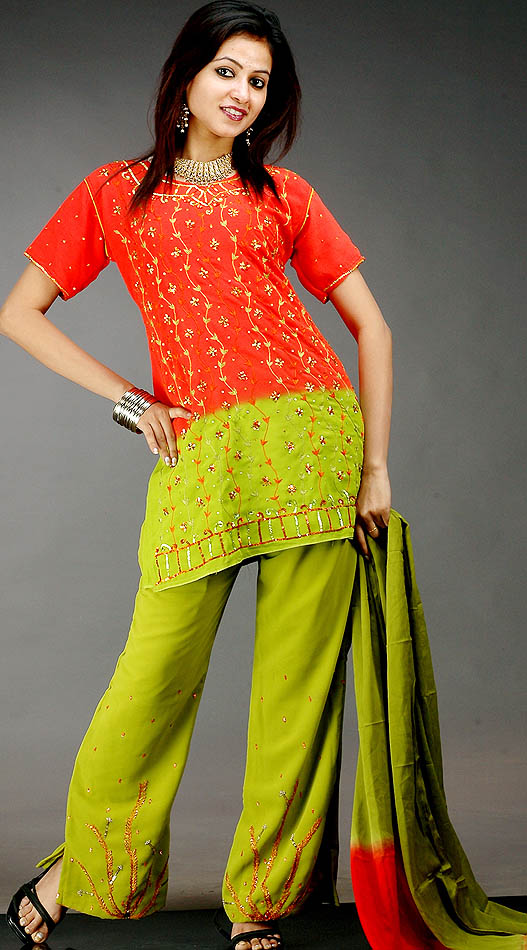 Orange and Green Parallel Suit with All-Over Embroidery and Sequins ...