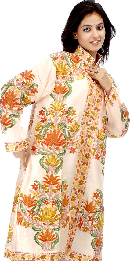 Peach Long Silk Jacket with Floral Embroidery | Exotic India Art