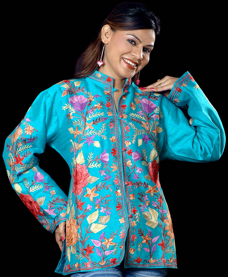 Persian-Green Jacket with Floral Embroidery All-Over | Exotic India Art