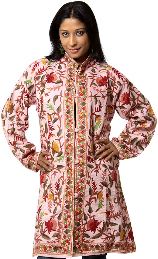 Pink Long Silk Jacket with Phulkari Embroidery | Exotic India Art