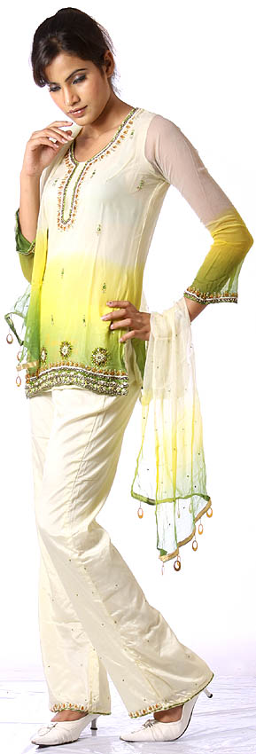 Powder-Yellow Parallel Suit with Embroidered Sequins | Exotic India Art