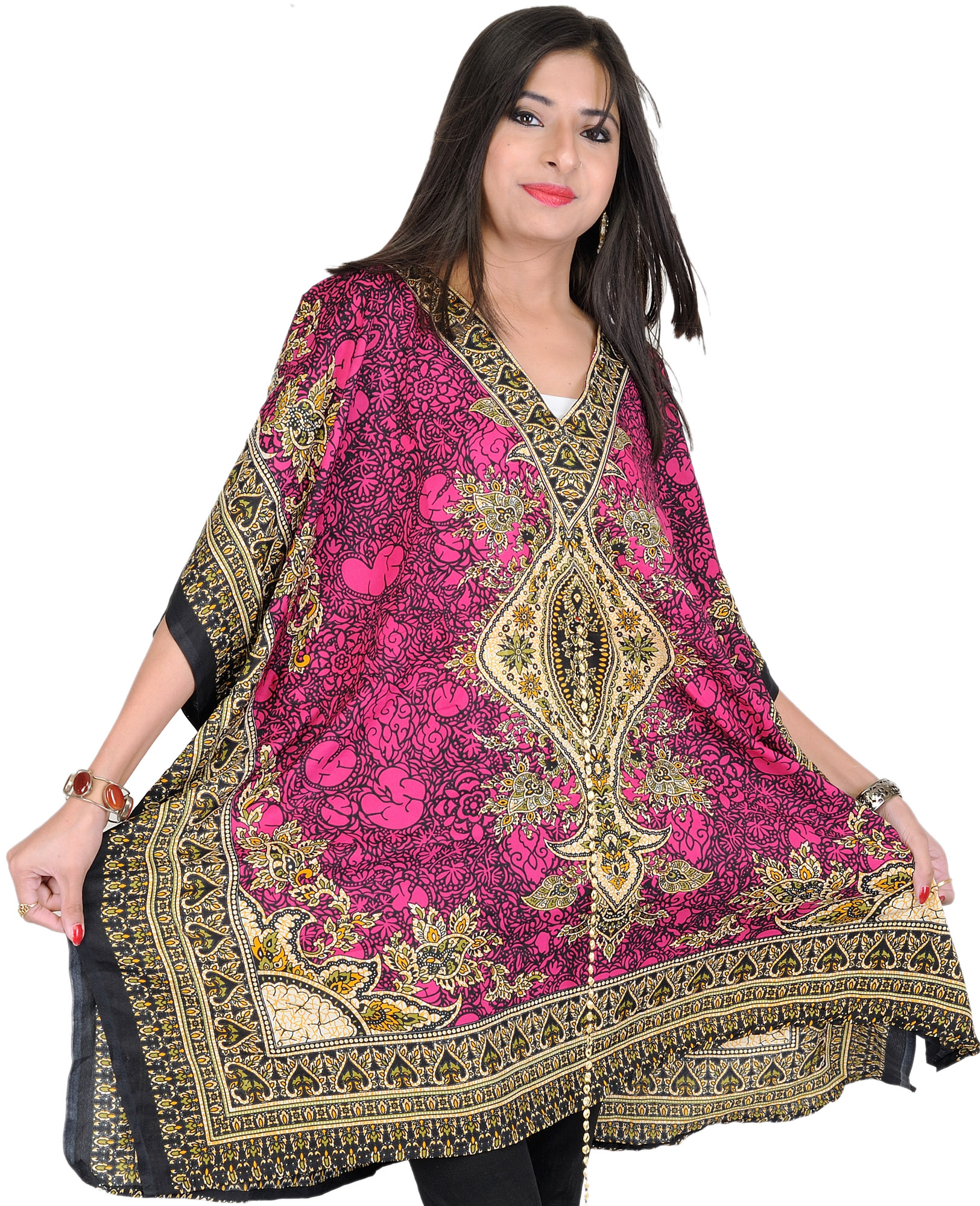 Purple and Beige Printed Short Kaftan with Dori at Waist | Exotic India Art