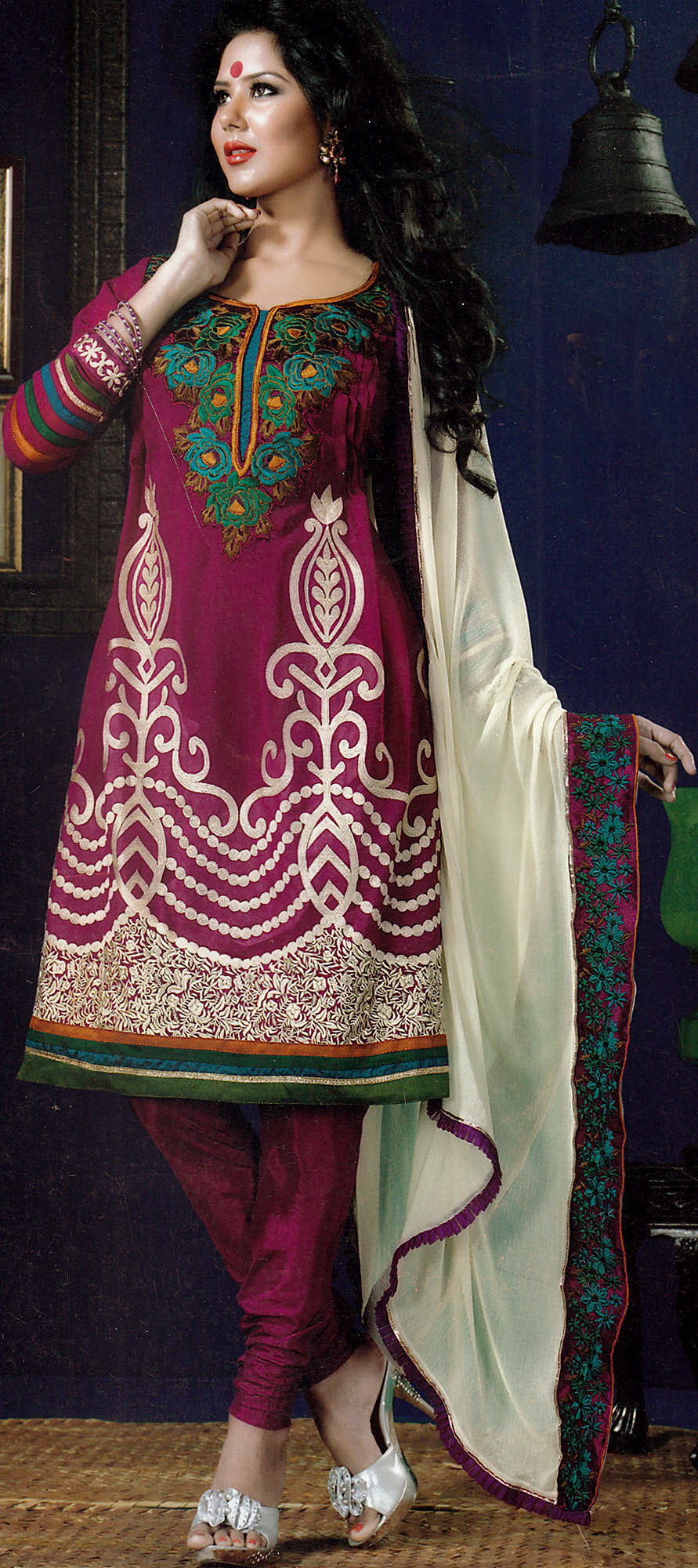 Purple Designer Chudidar Suit with Floral Embroidery and Patch Border ...